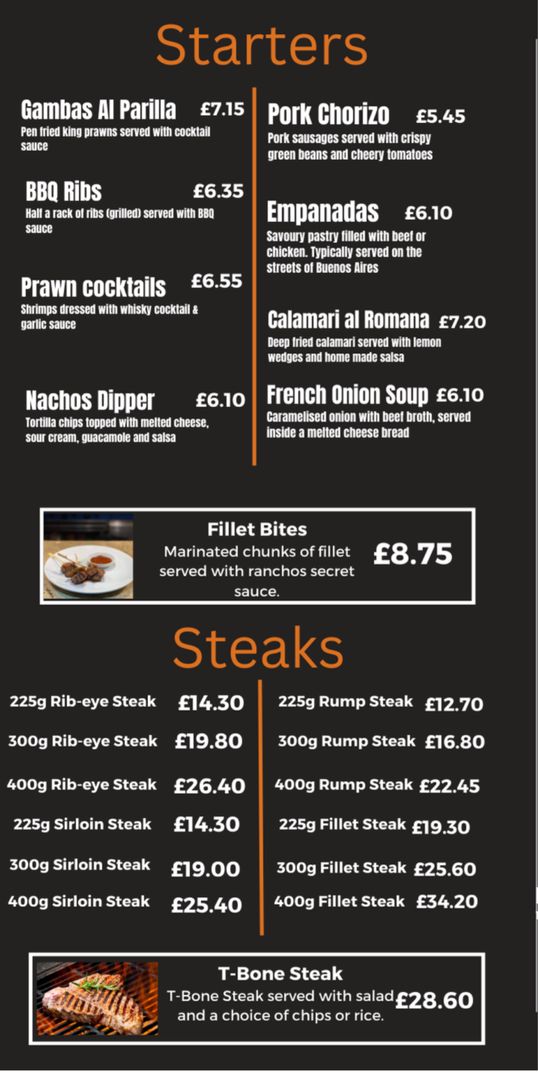 Food menu - Rancho Steakhouse Fareham